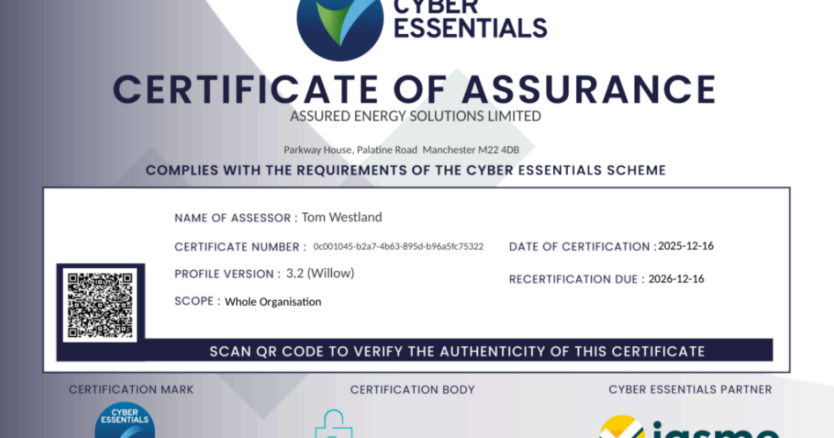 Assured Energy - Awarded Cyber Essentials!